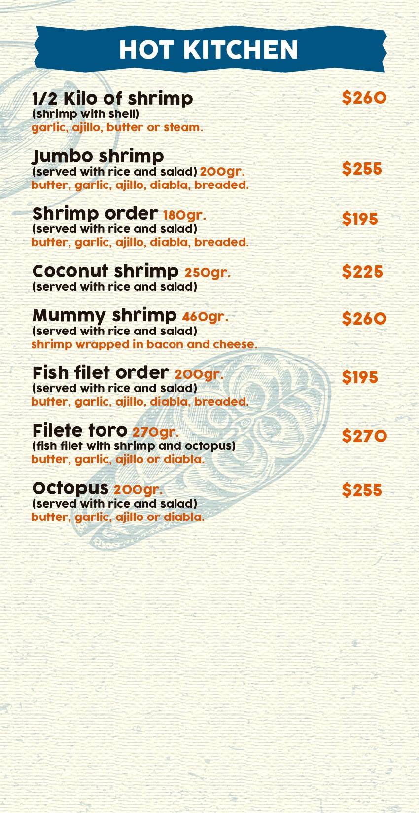 Menu at Juan Tiburón restaurant, Puerto Vallarta, Viena 131