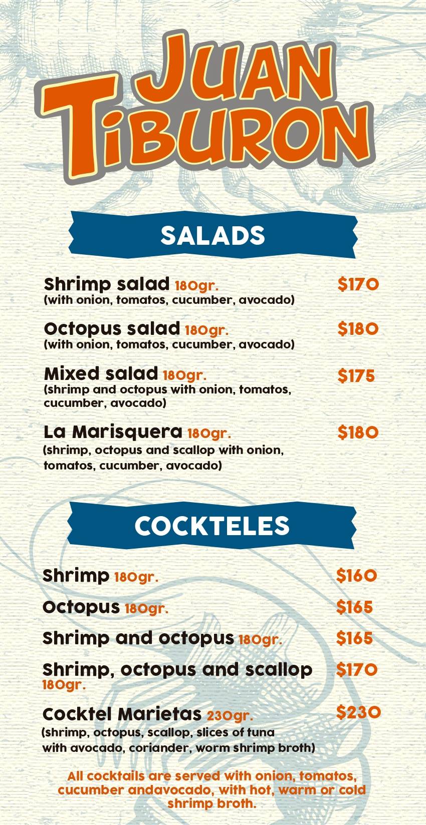 Menu at Juan Tiburón restaurant, Puerto Vallarta, Viena 131