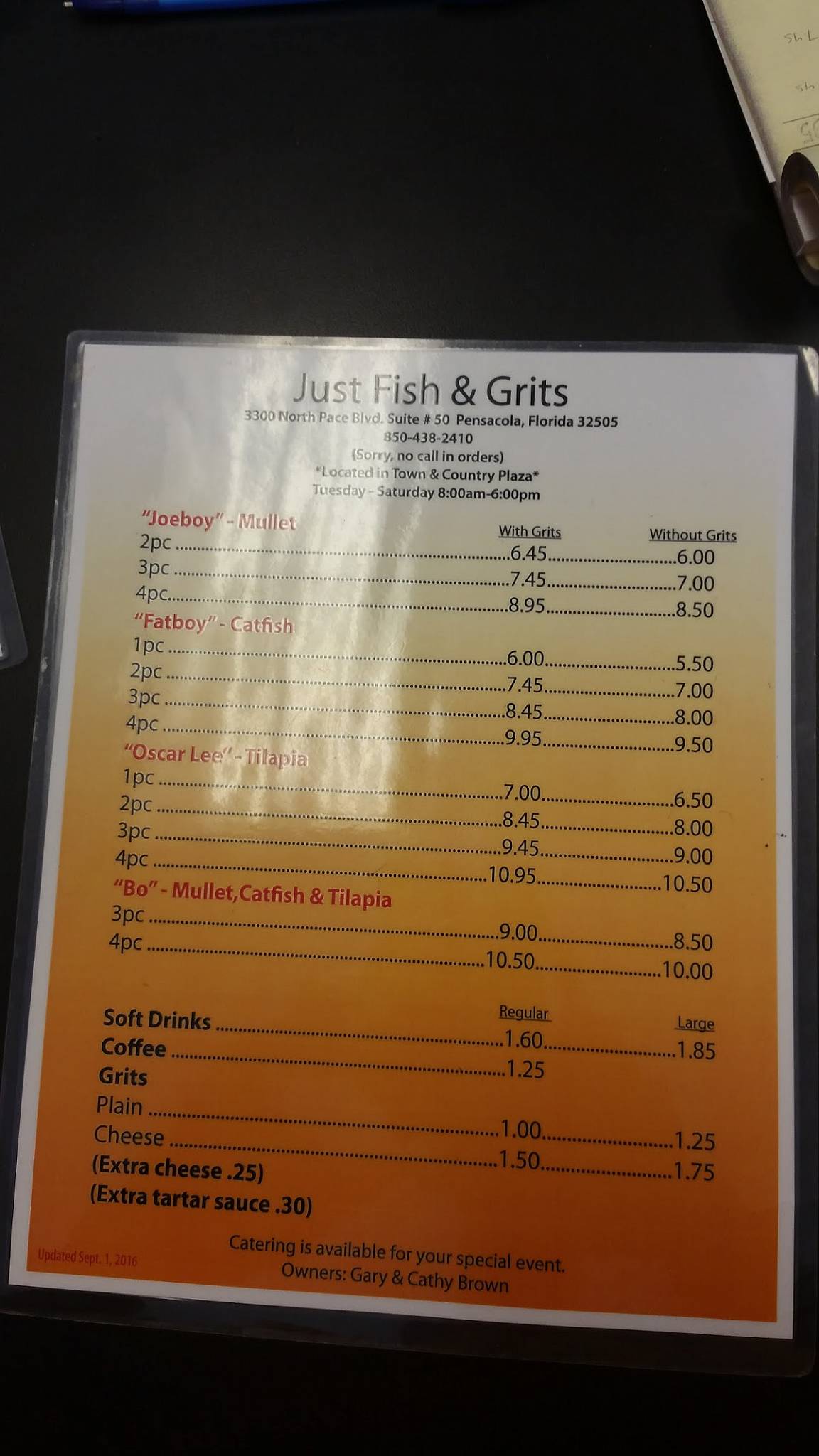 Menu at Just Fish & Grits restaurant, Pensacola, N Pace Blvd Suite 50