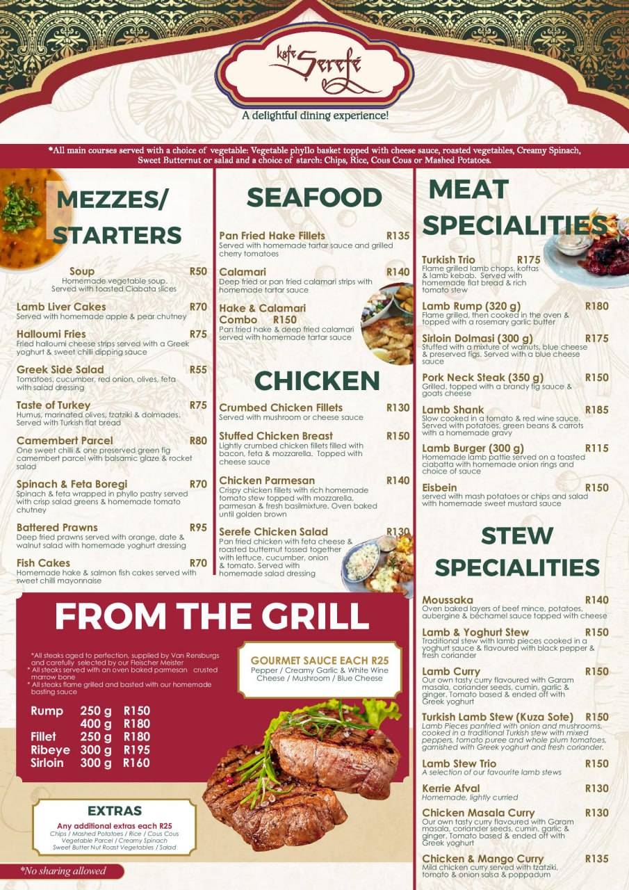 Menu at Kafe Serefe restaurant, George