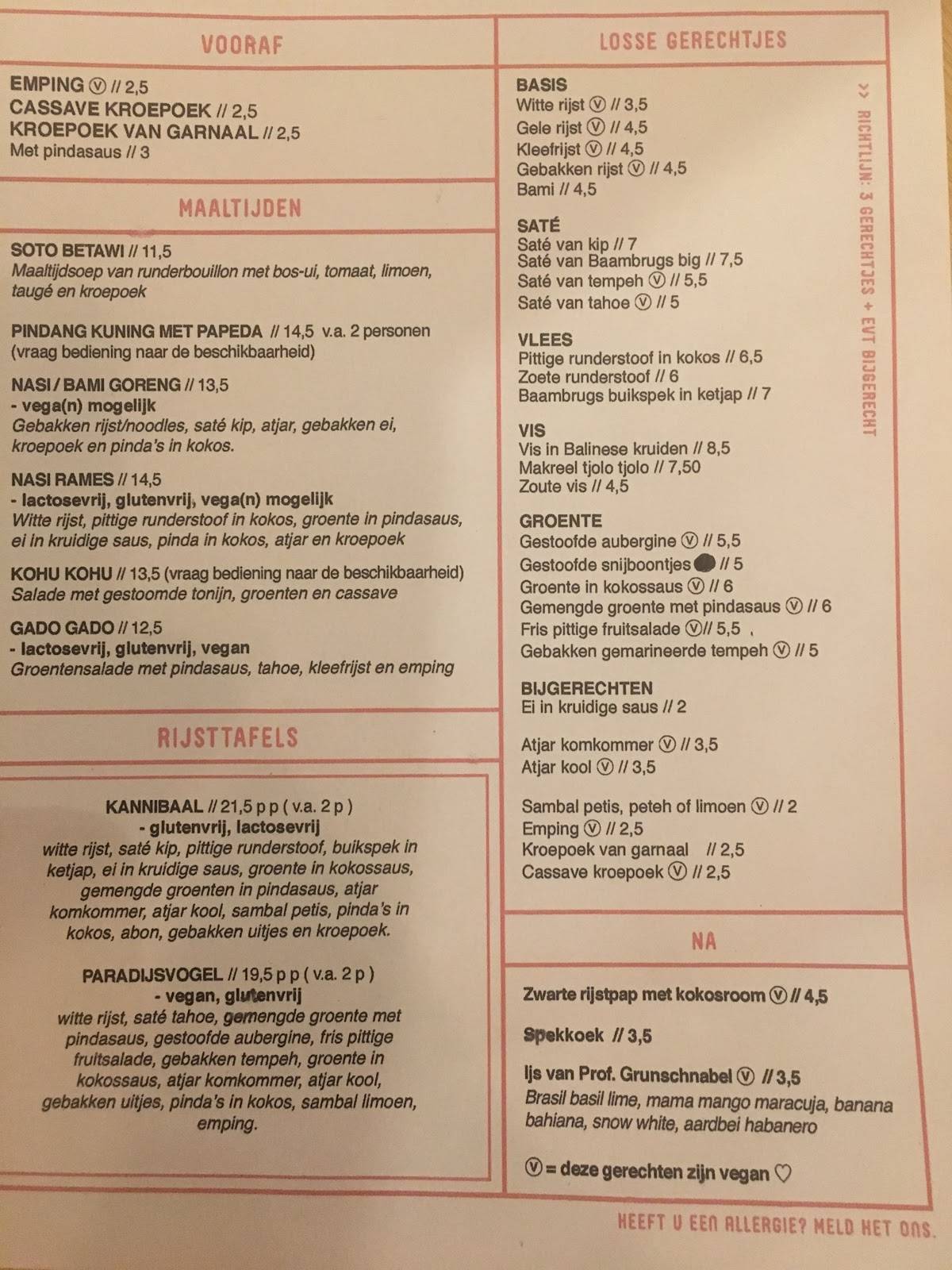 Menu at Kannibalen en Paradijsvogels, Amsterdam