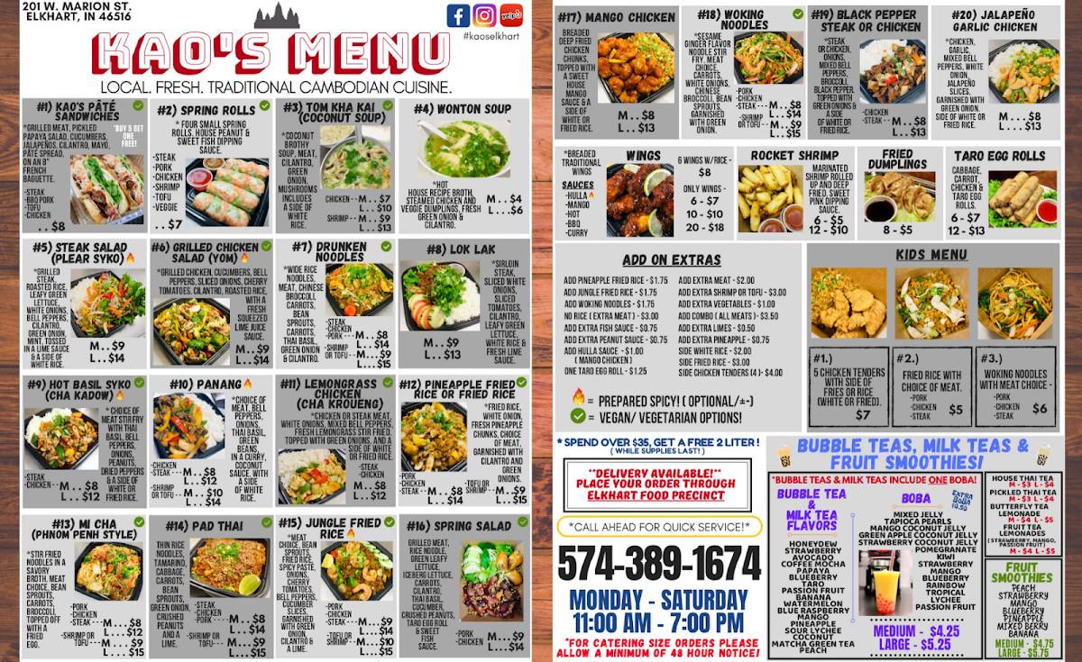 Menu at Kao's restaurant, Elkhart