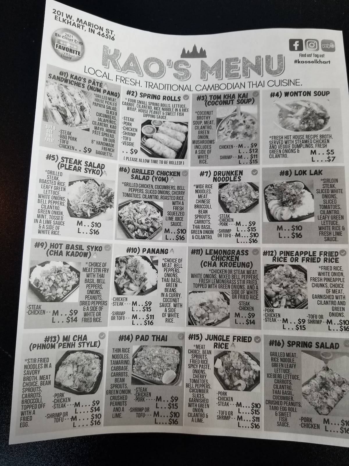 Menu at Kao's restaurant, Elkhart
