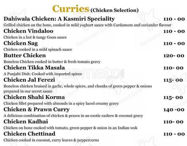 Menu at Kashmir Restaurant, Durban, 178 Florida Rd