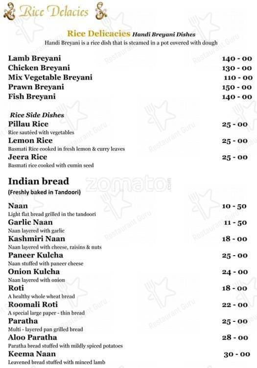 Menu at Kashmir Restaurant, Durban, 178 Florida Rd