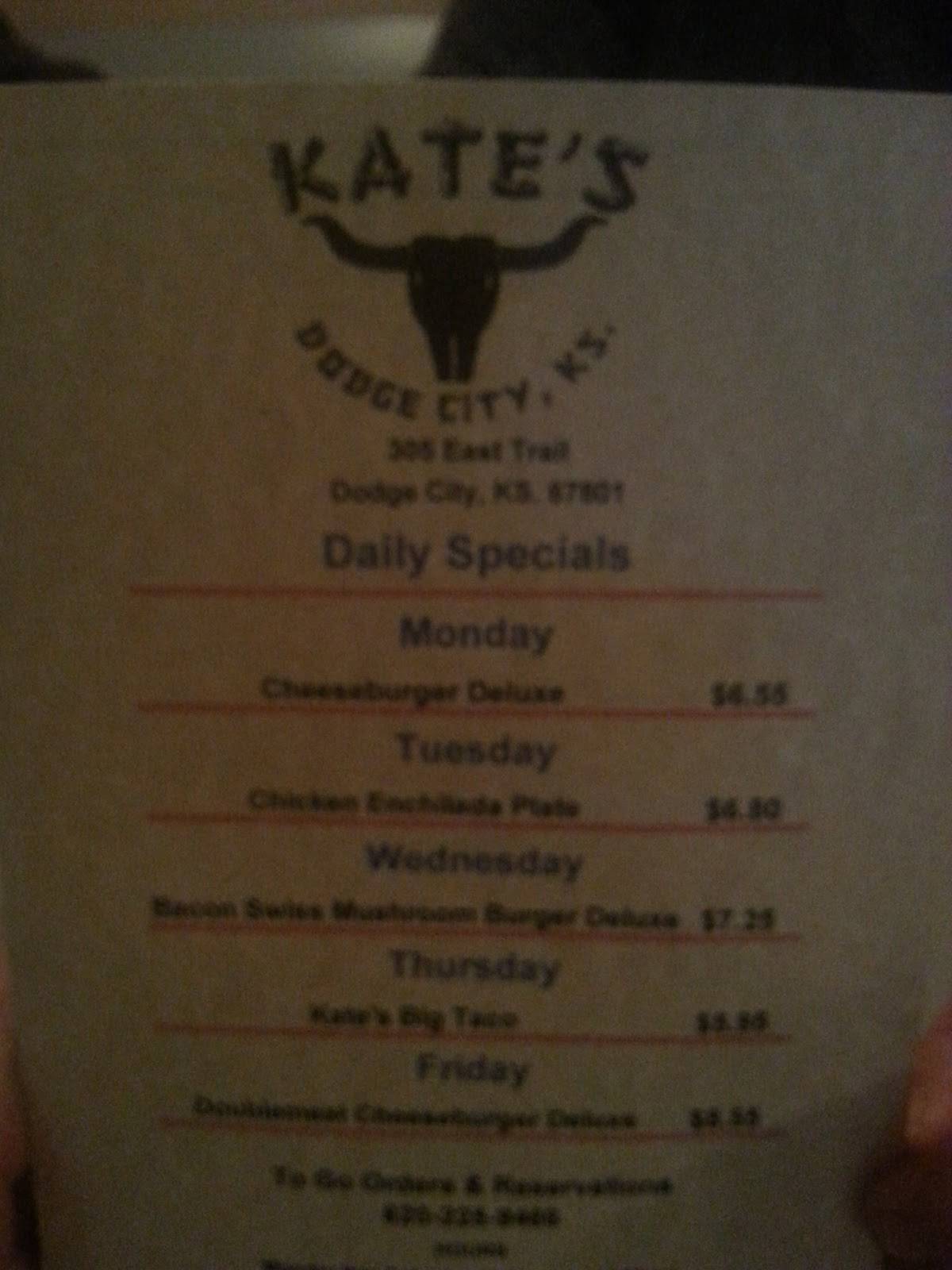 Menu at Kate's pub & bar, Dodge City