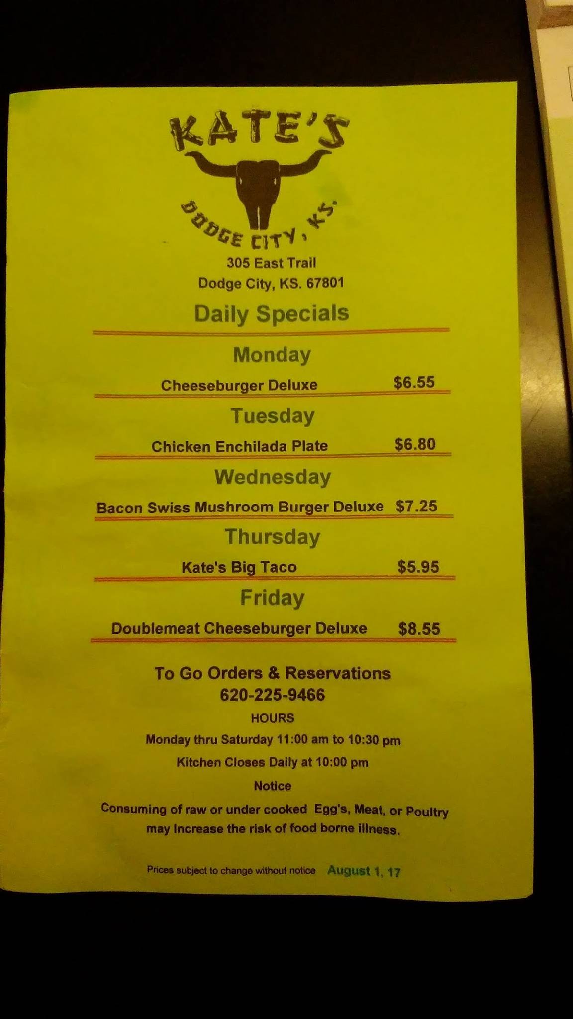 Menu at Kate's pub & bar, Dodge City