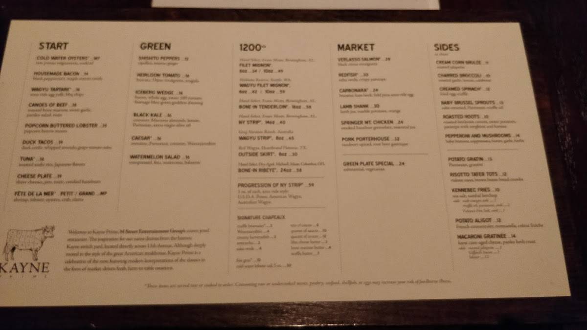 Menu at Kayne Prime Steakhouse, Nashville