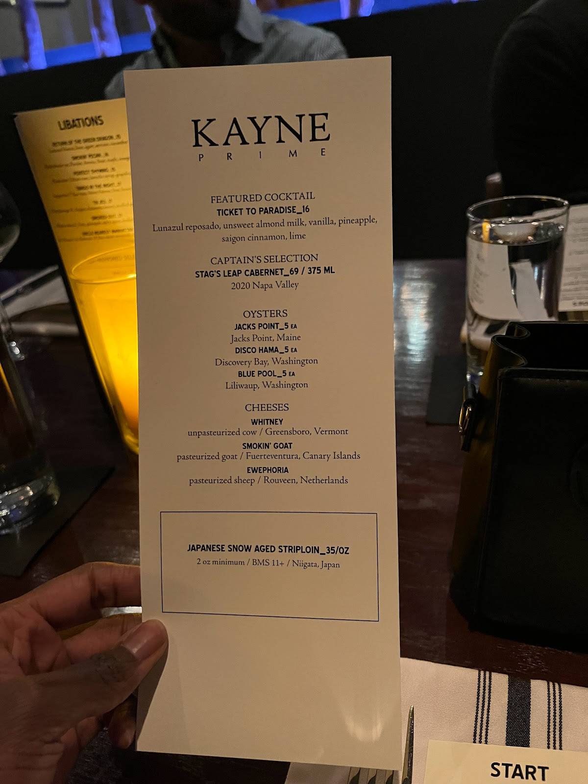 Menu at Kayne Prime Steakhouse, Nashville