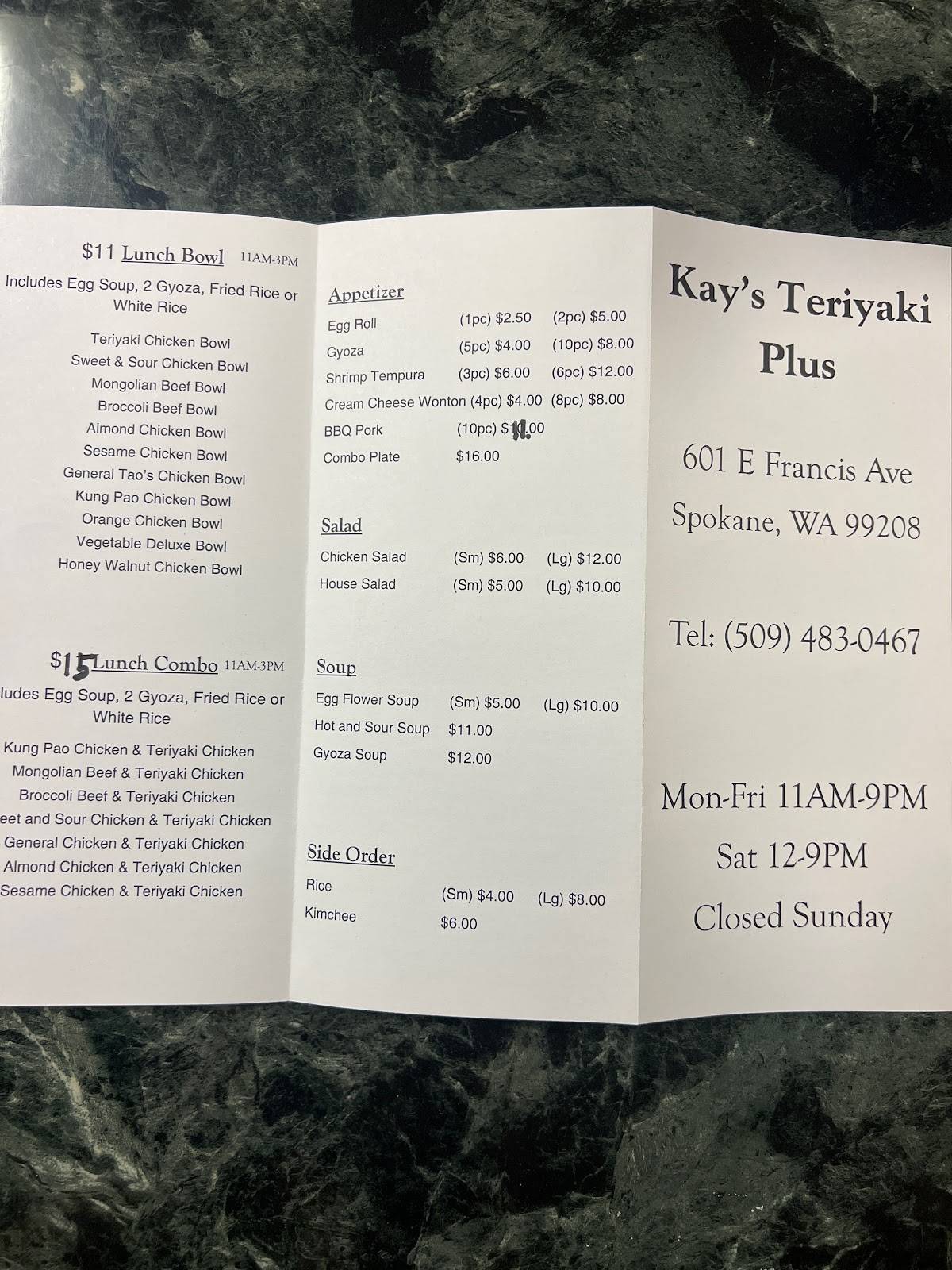 Menu at Kay's Teriyaki Plus restaurant, Spokane
