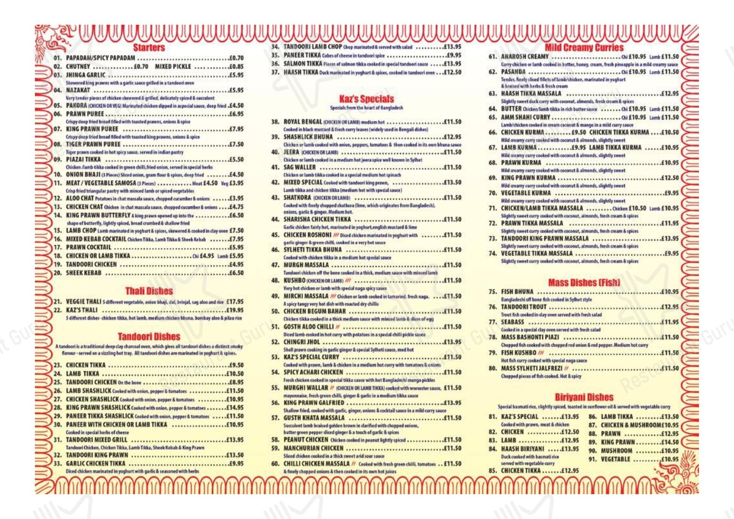 Menu at Kaz's Indian & Bangladeshi Restaurant, Cambridge