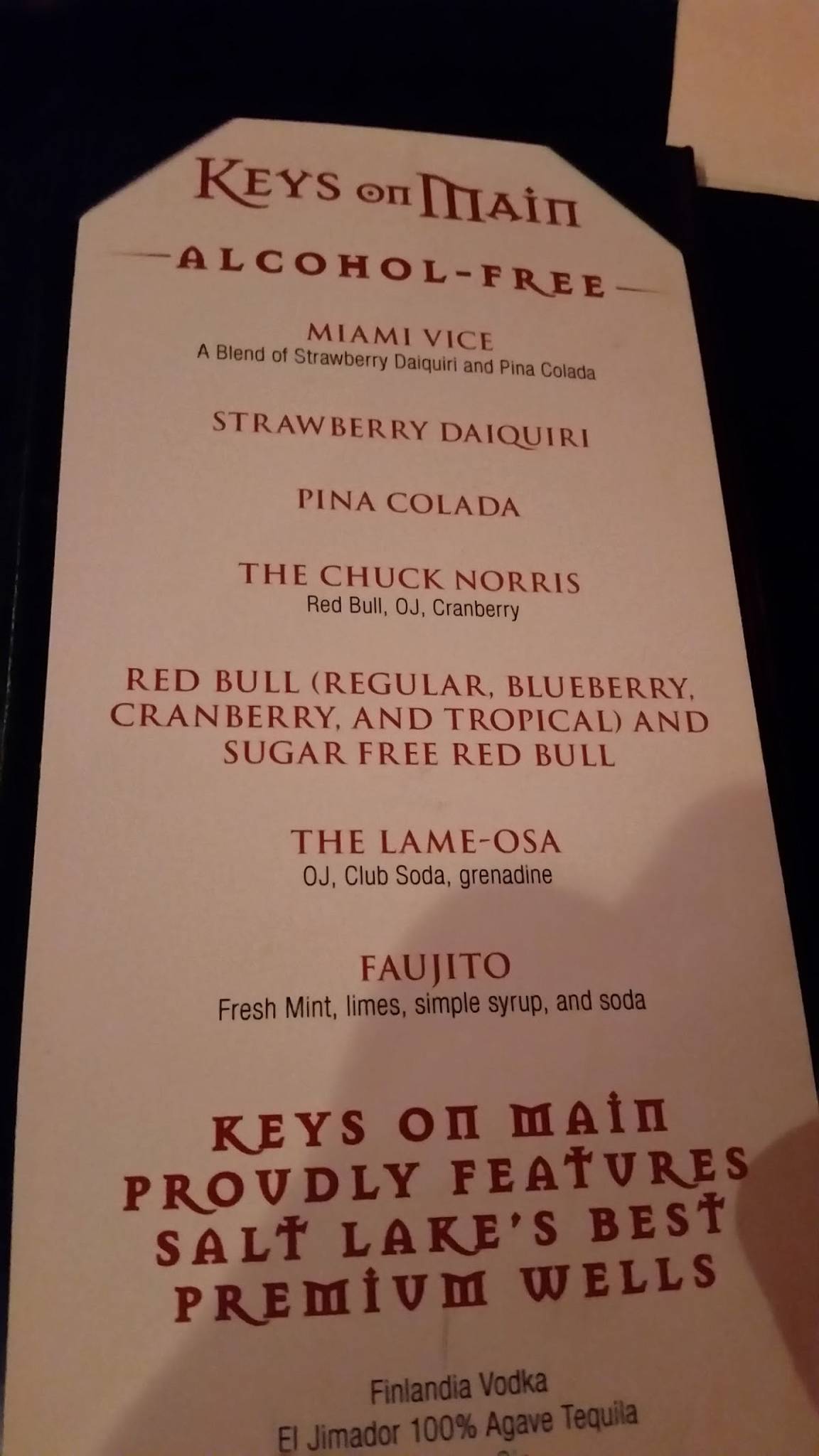 Menu at Keys On Main pub & bar, Salt Lake City