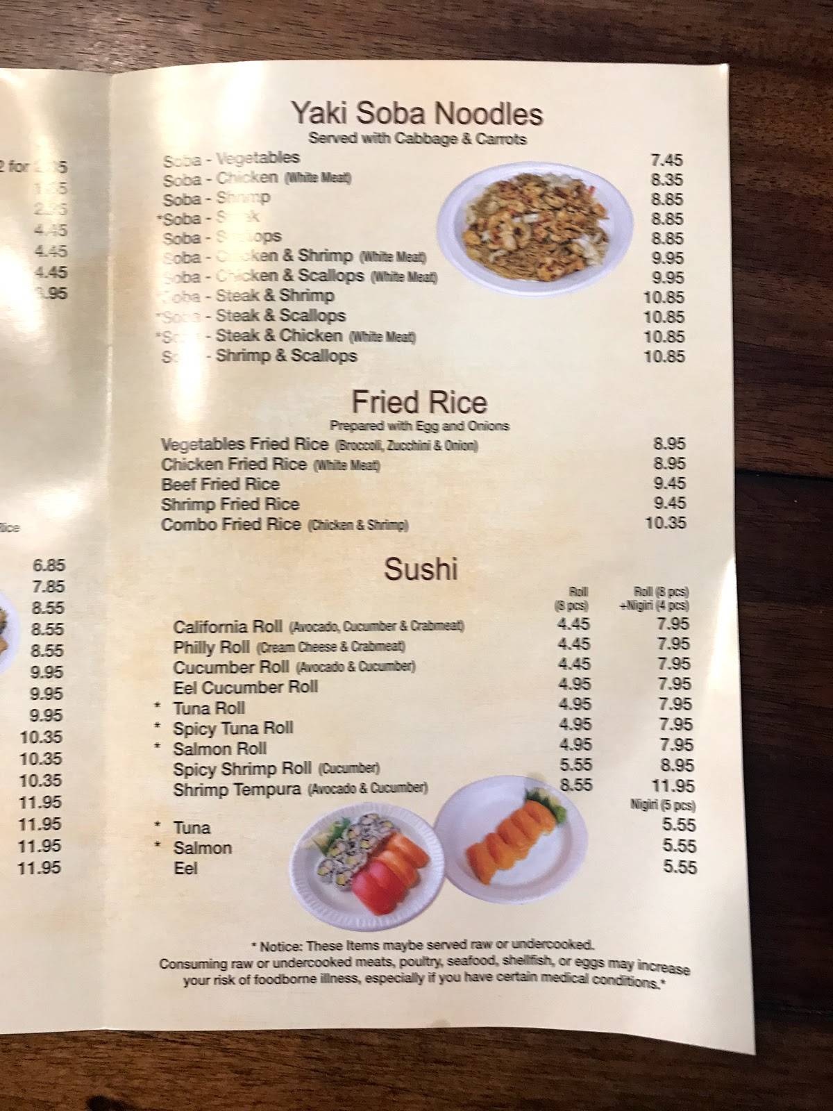Menu at Kiko Japan Express restaurant, Knightdale