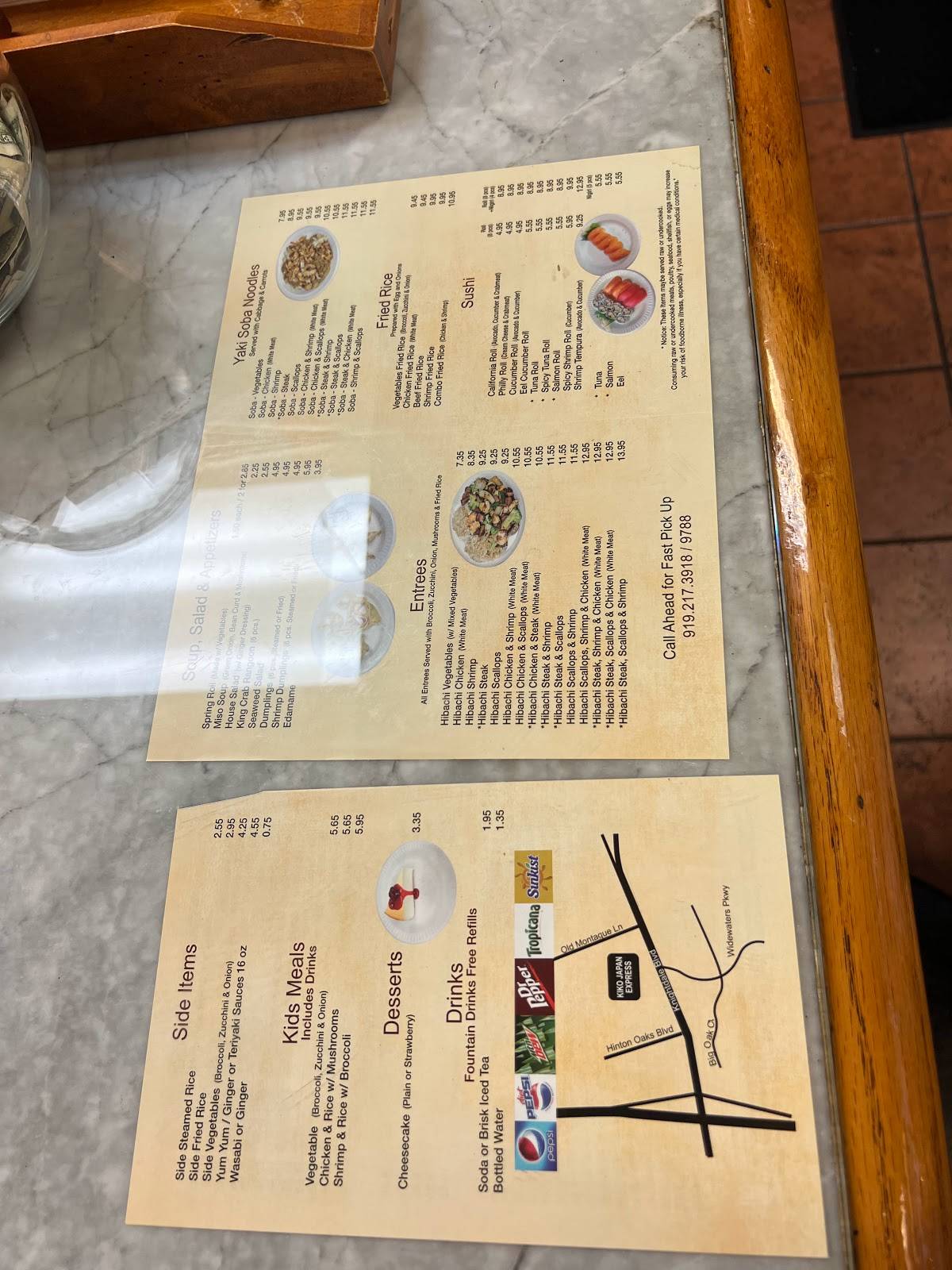 Menu at Kiko Japan Express restaurant, Knightdale