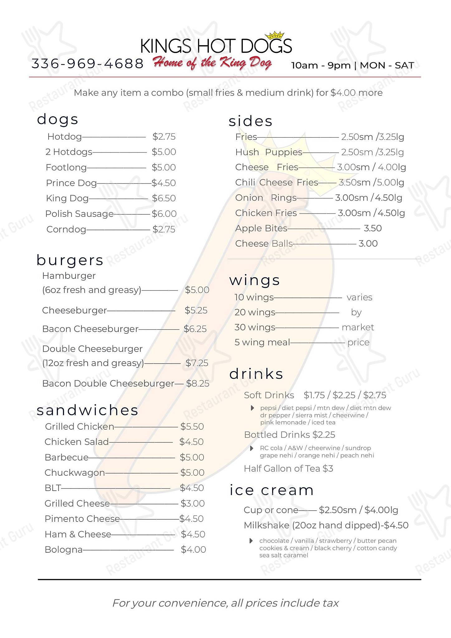 Menu at King's Hot Dogs restaurant, Rural Hall