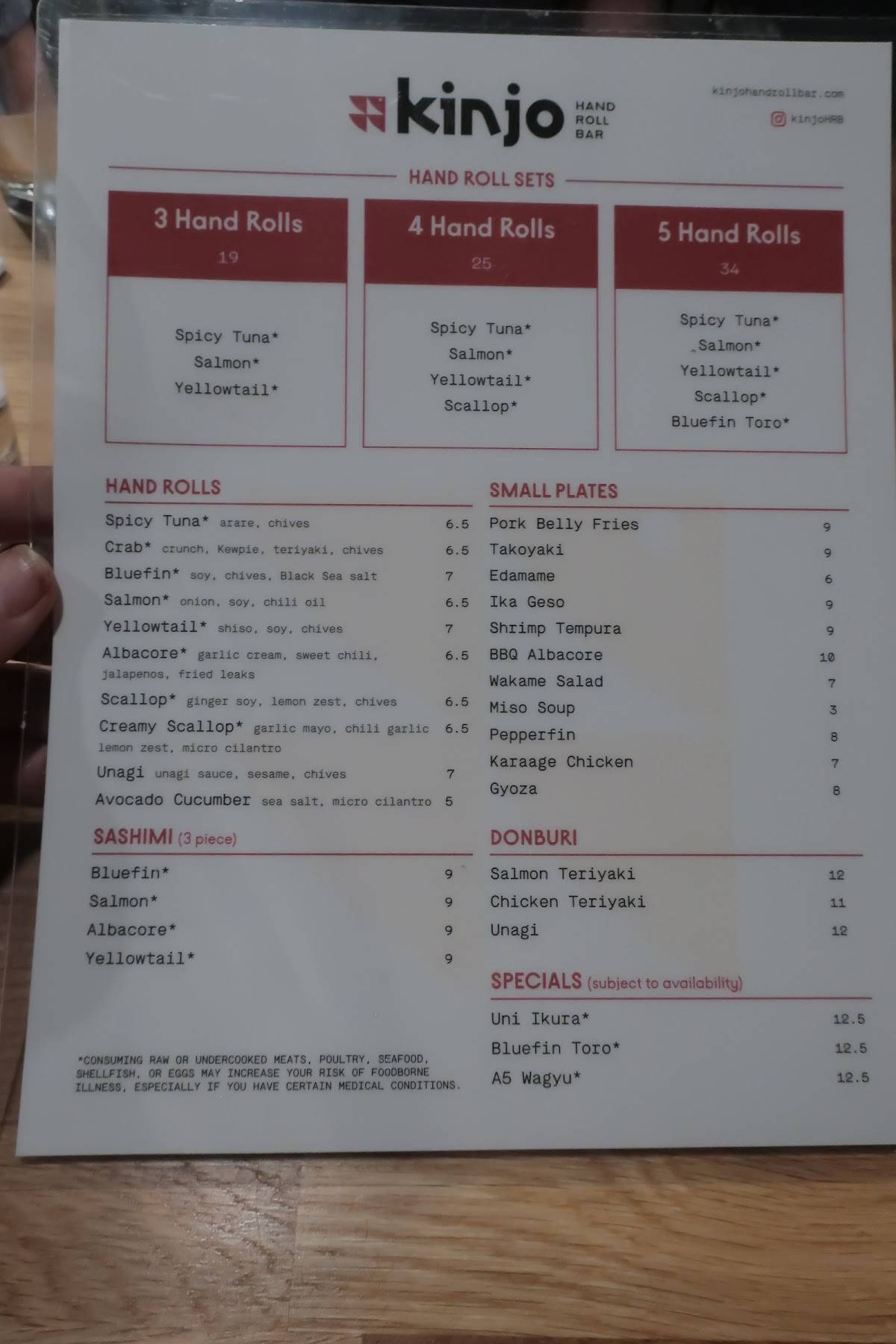 Menu at Kinjo Hand Roll Bar, Sacramento