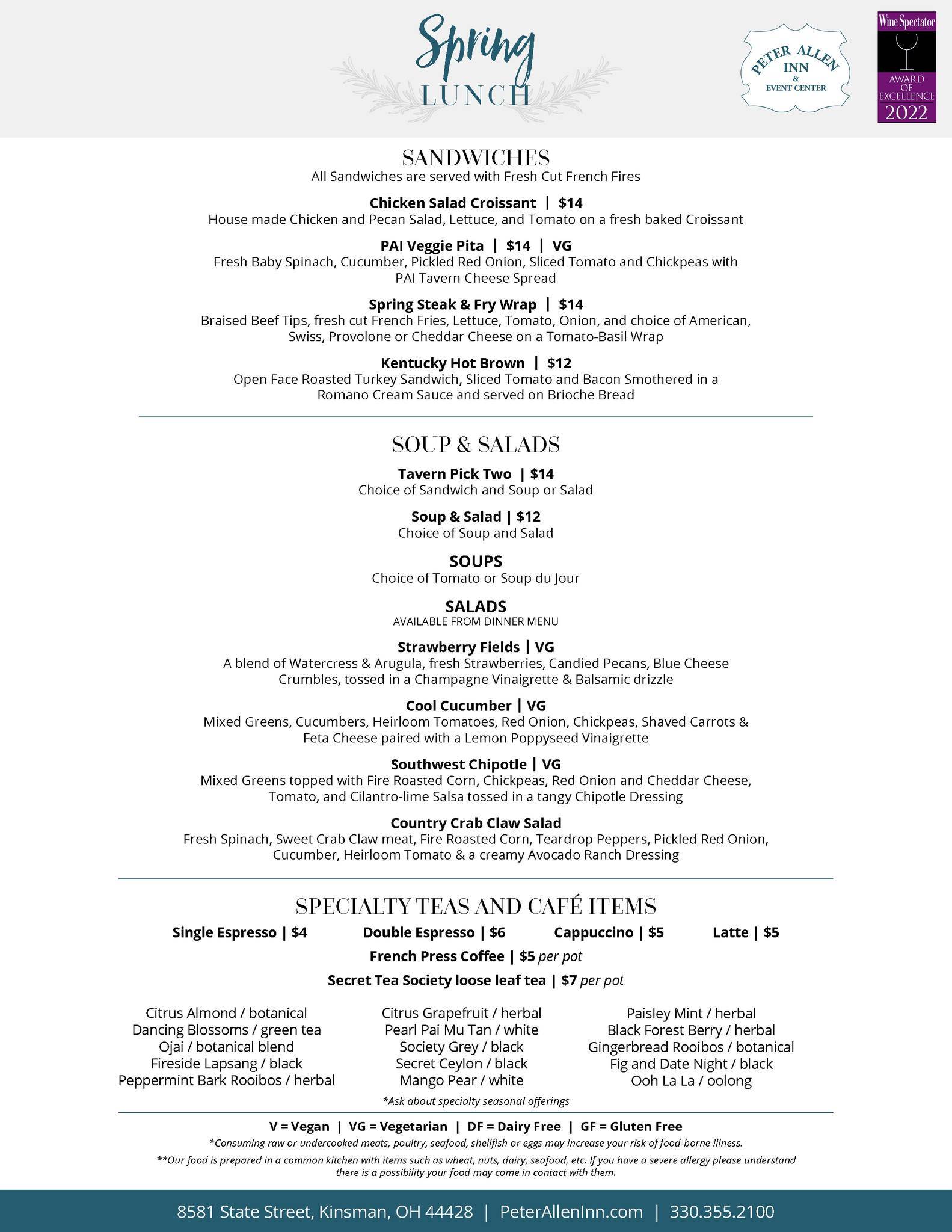 Menu at Peter Allen Inn & Event Center pub & bar, Kinsman
