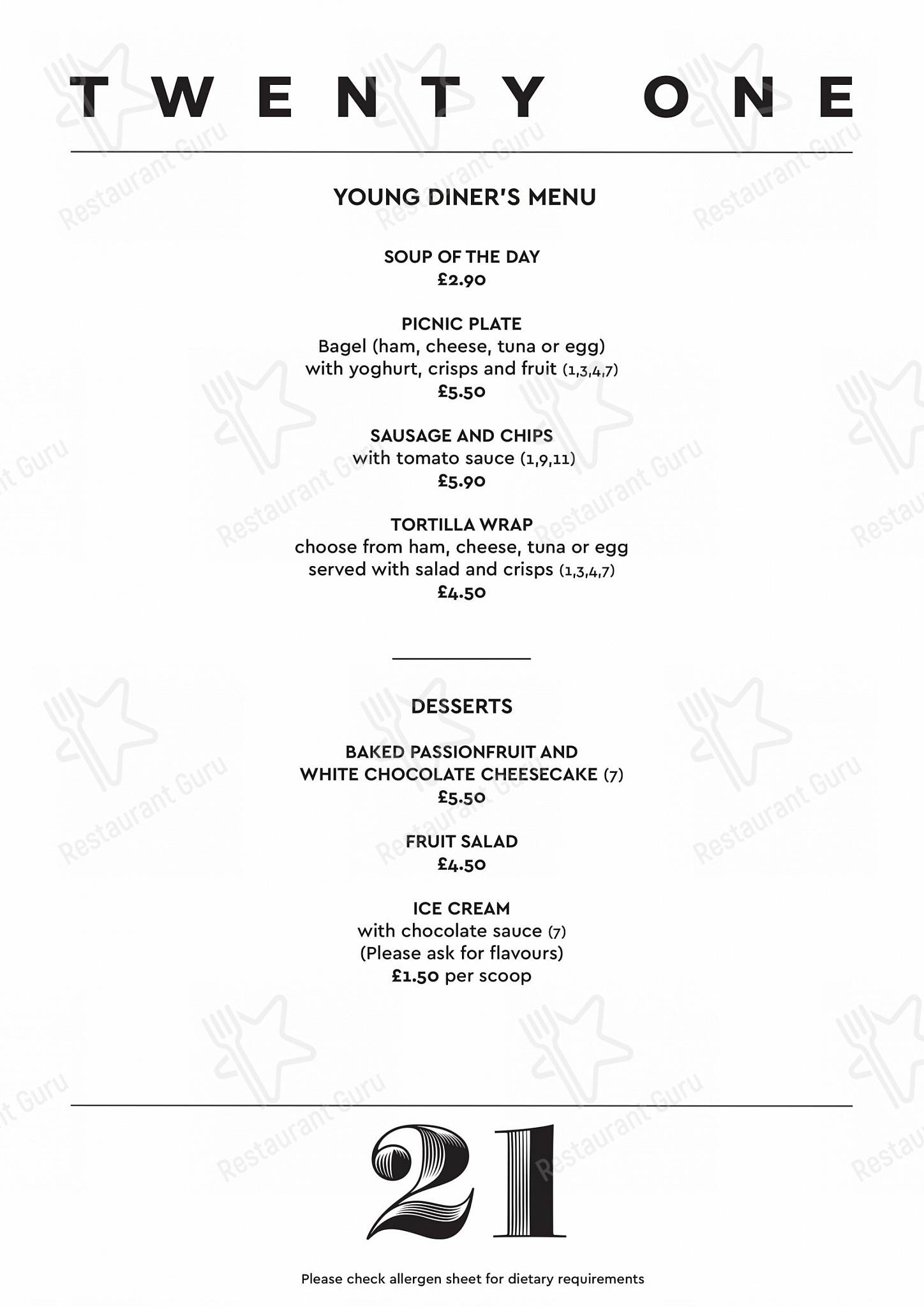 Menu at Twenty One restaurant, Kirkwall