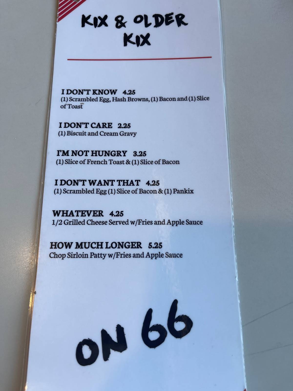 Menu at Kix On 66 restaurant, Tucumcari