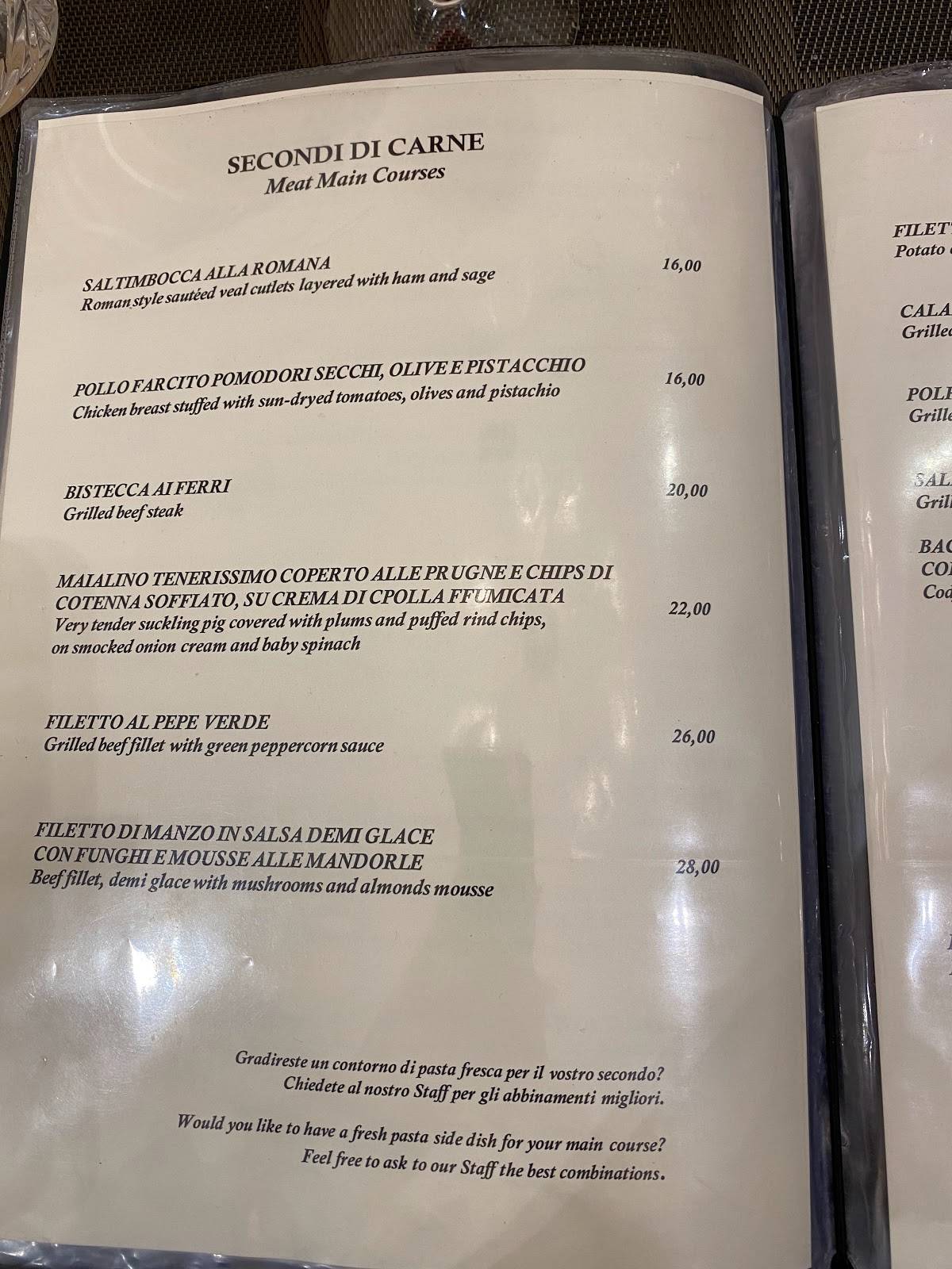 Menu at Klass Restaurant, Rome, Via in Arcione