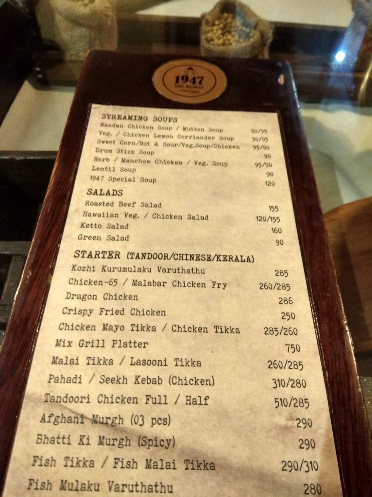 Menu at 1947 An Indian Restaurant, Kakkanad