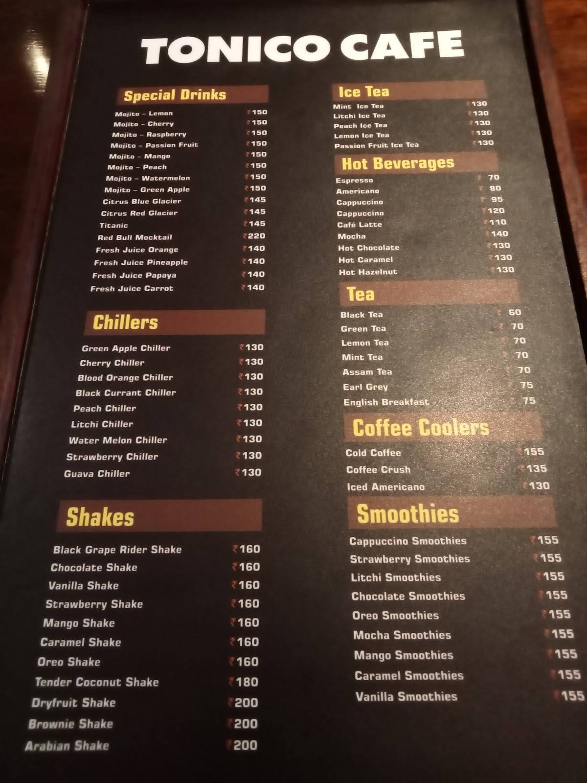 Menu at Tonico Cafe, Kochi, Seaport - Airport Rd