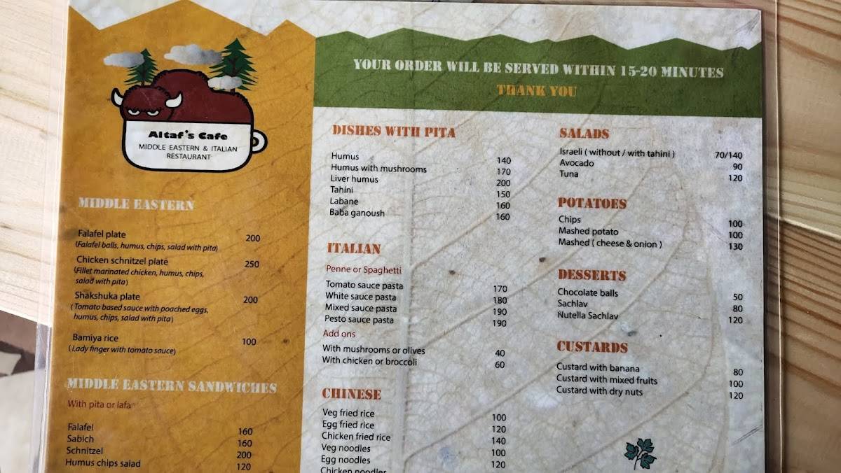 Menu at Altaf's Cafe, Kodaikanal