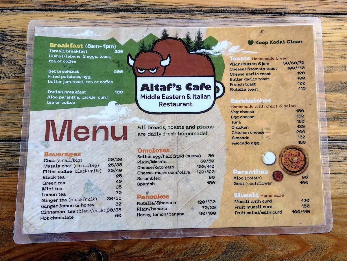 Menu at Altaf's Cafe, Kodaikanal