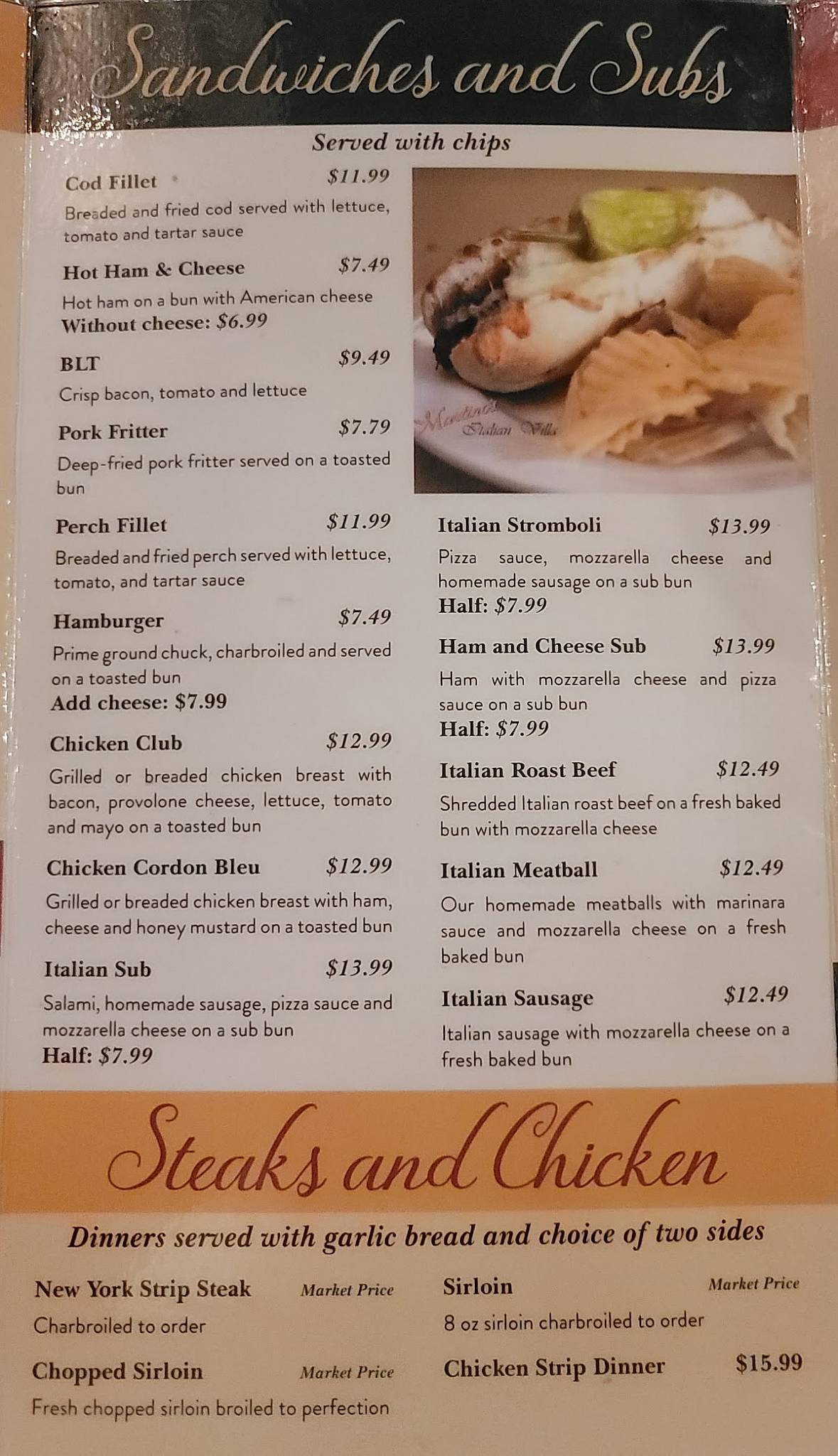 Menu at Martino's Italian Villa steakhouse, Kokomo