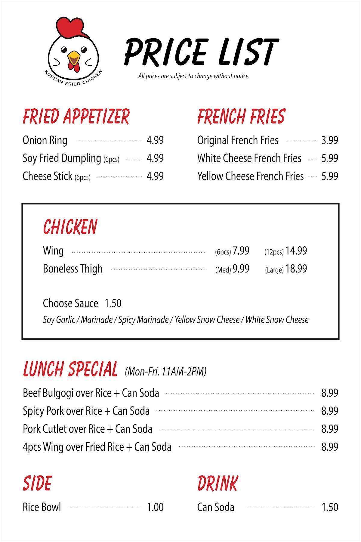 Menu at Korean Fried Chicken (Fort Wayne) restaurant, Fort Wayne