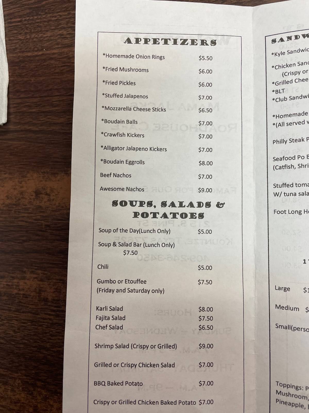 Menu at Mama Jack's restaurant, Kountze