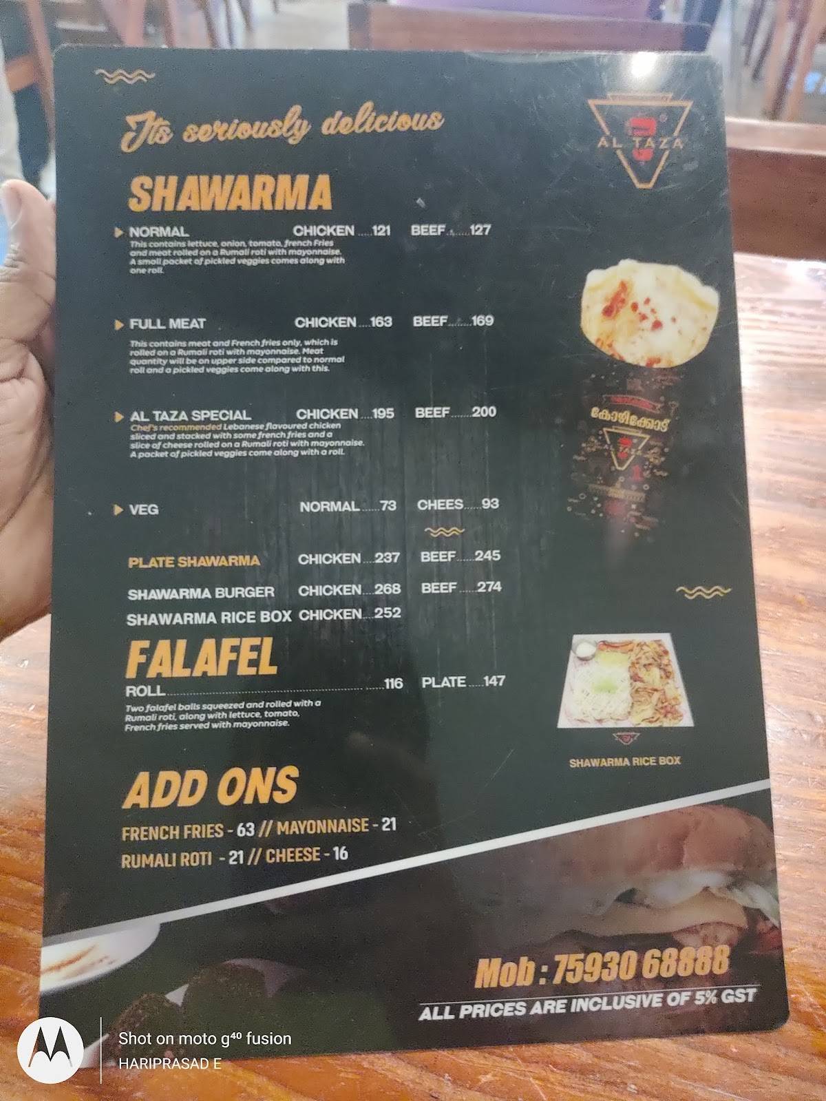 Menu at Al Taza - Kozhikode, Kozhikode
