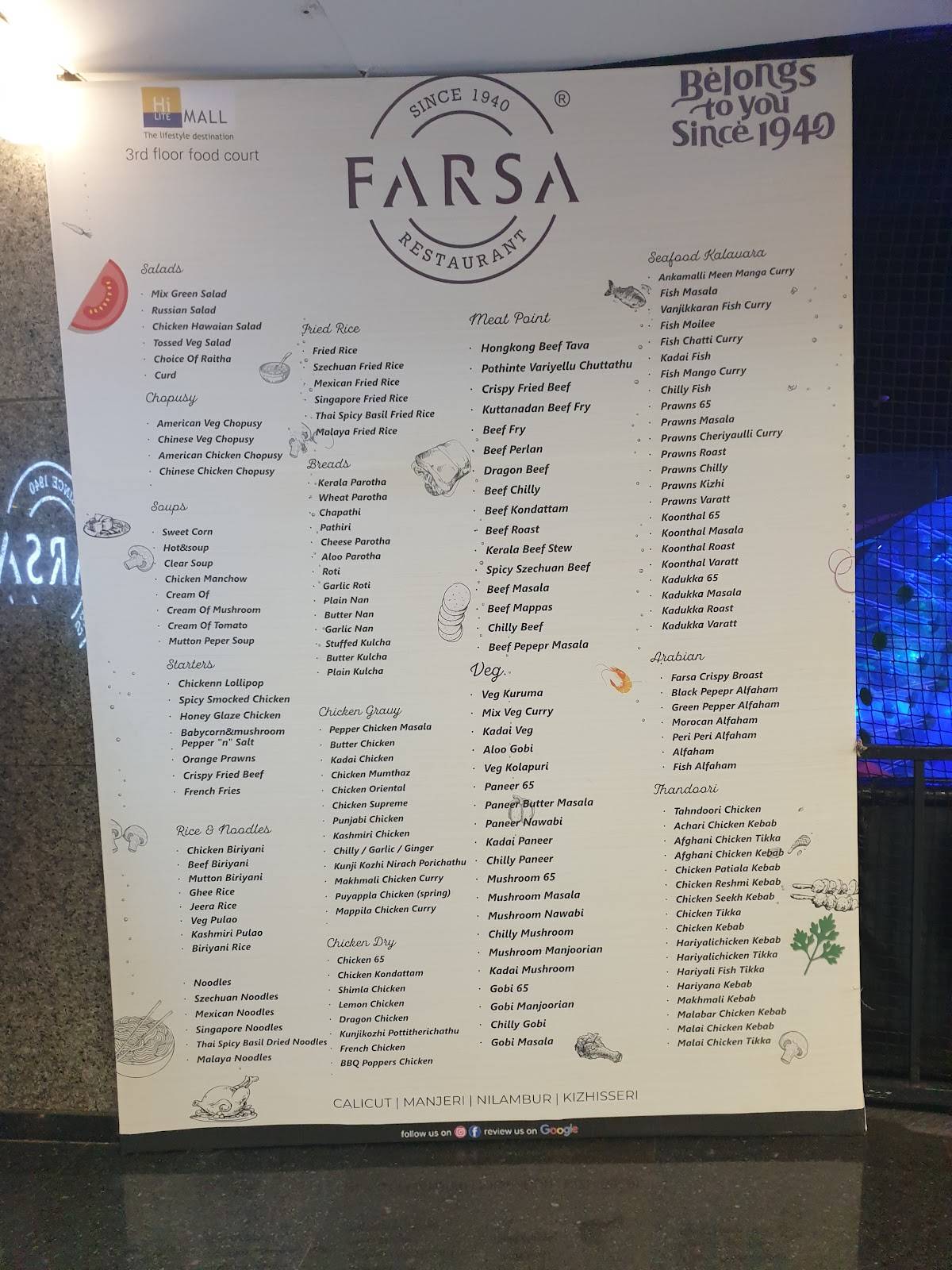 Menu at Farsa Restaurant, Kozhikode