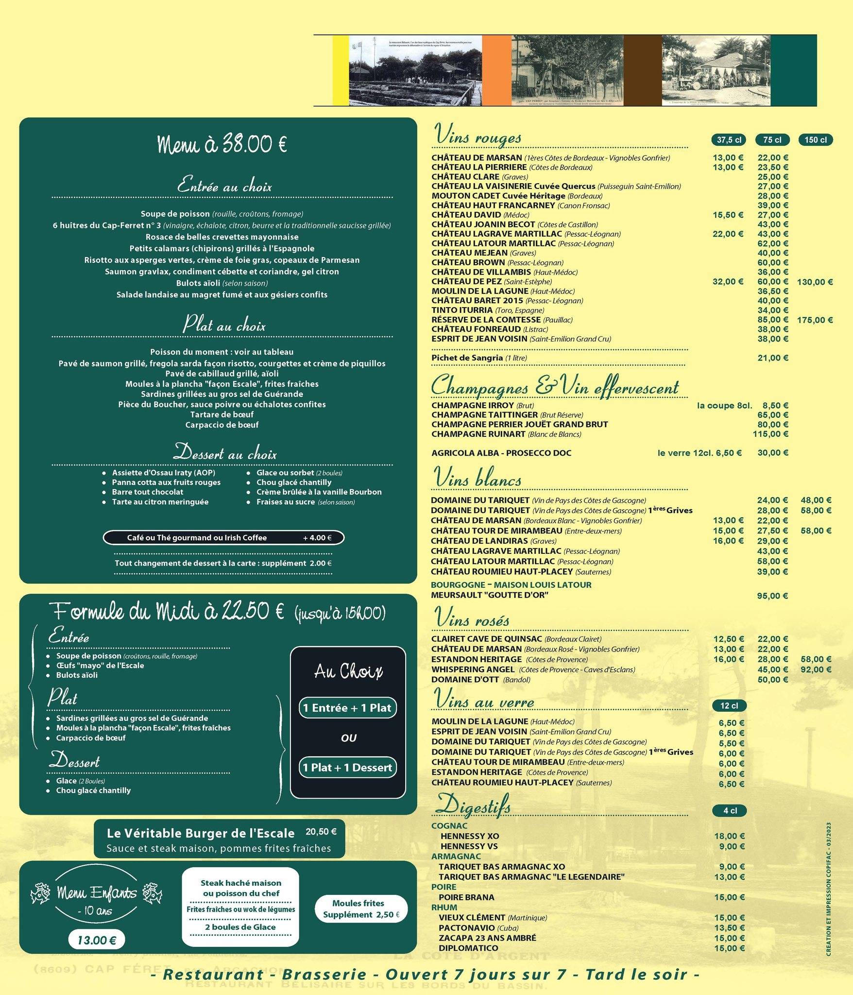 Menu au Restaurant L'Escale, Lège-Cap-Ferret