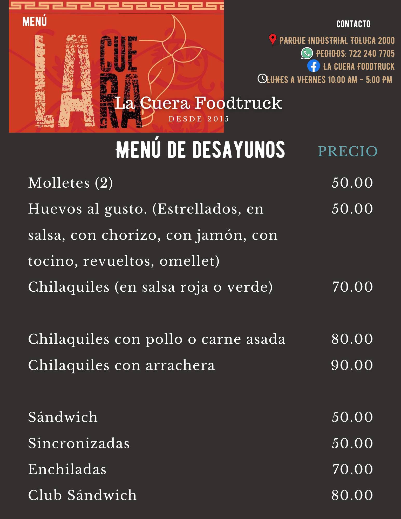 Carta del restaurante LA CUERA FOOD TRUCK COMIDA TAMAULIPECA, Toluca ...