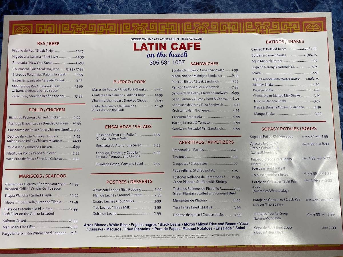 Menu at LATIN CAFÉ restaurant, Miami Beach, 441 41st St