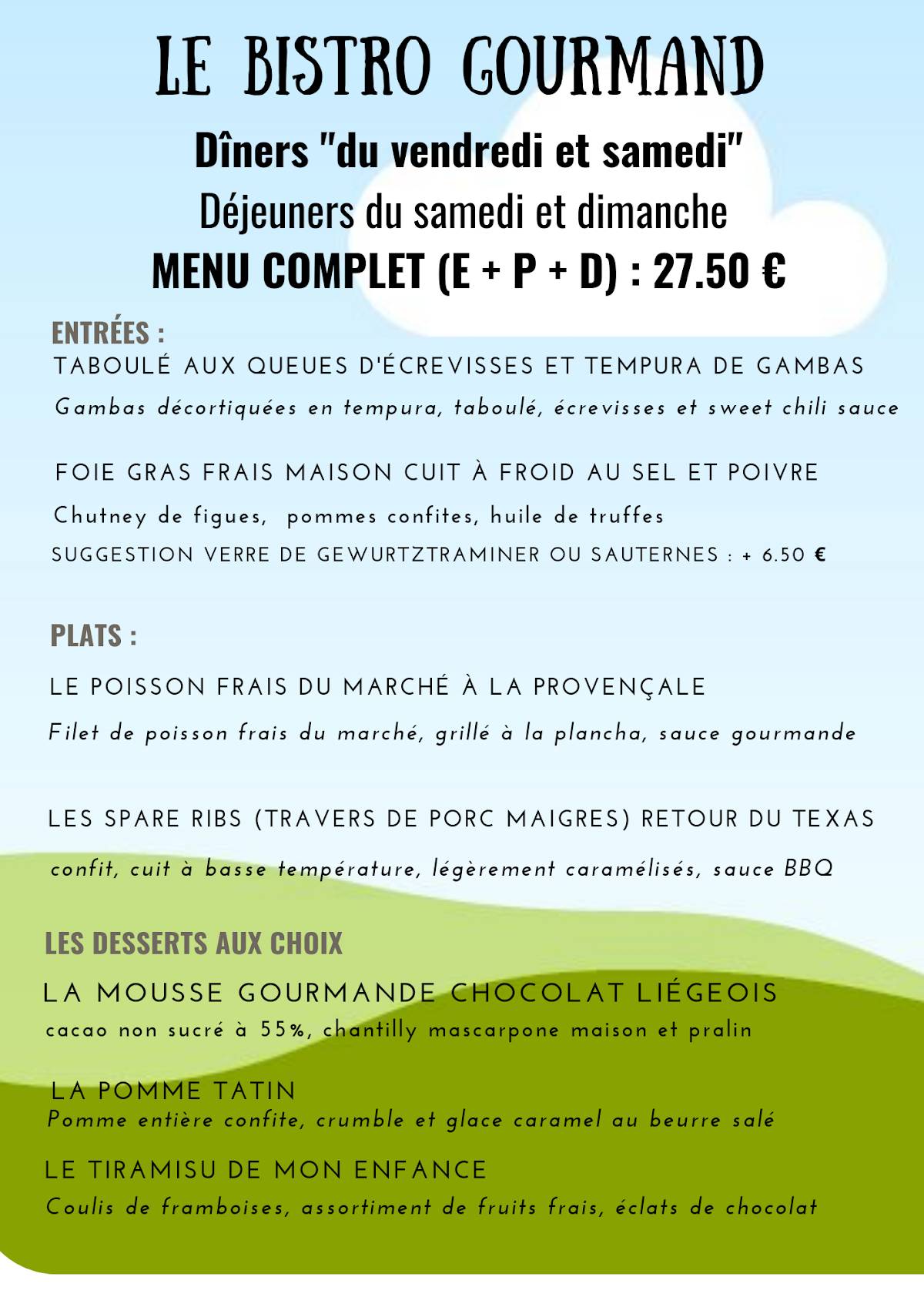 Menu au LE BISTRO GOURMAND restaurant, Le Broc