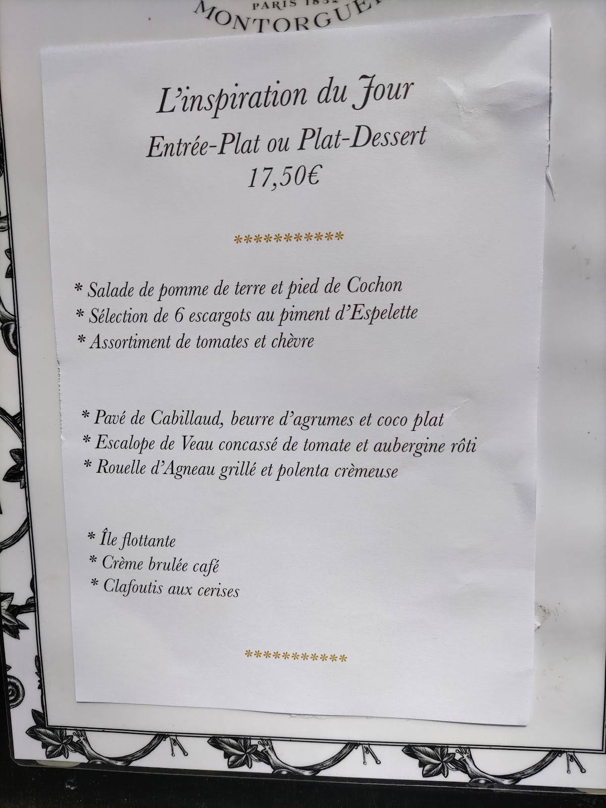 Menu at L'Escargot restaurant, Paris, 38 Rue Montorgueil