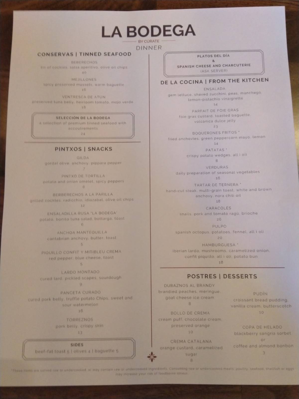 Menu at La Bodega by Cúrate restaurant, Asheville