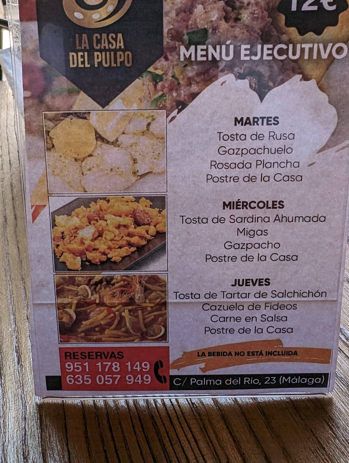 Menu at La Casa del Pulpo restaurant, Málaga, C. Palma del Río