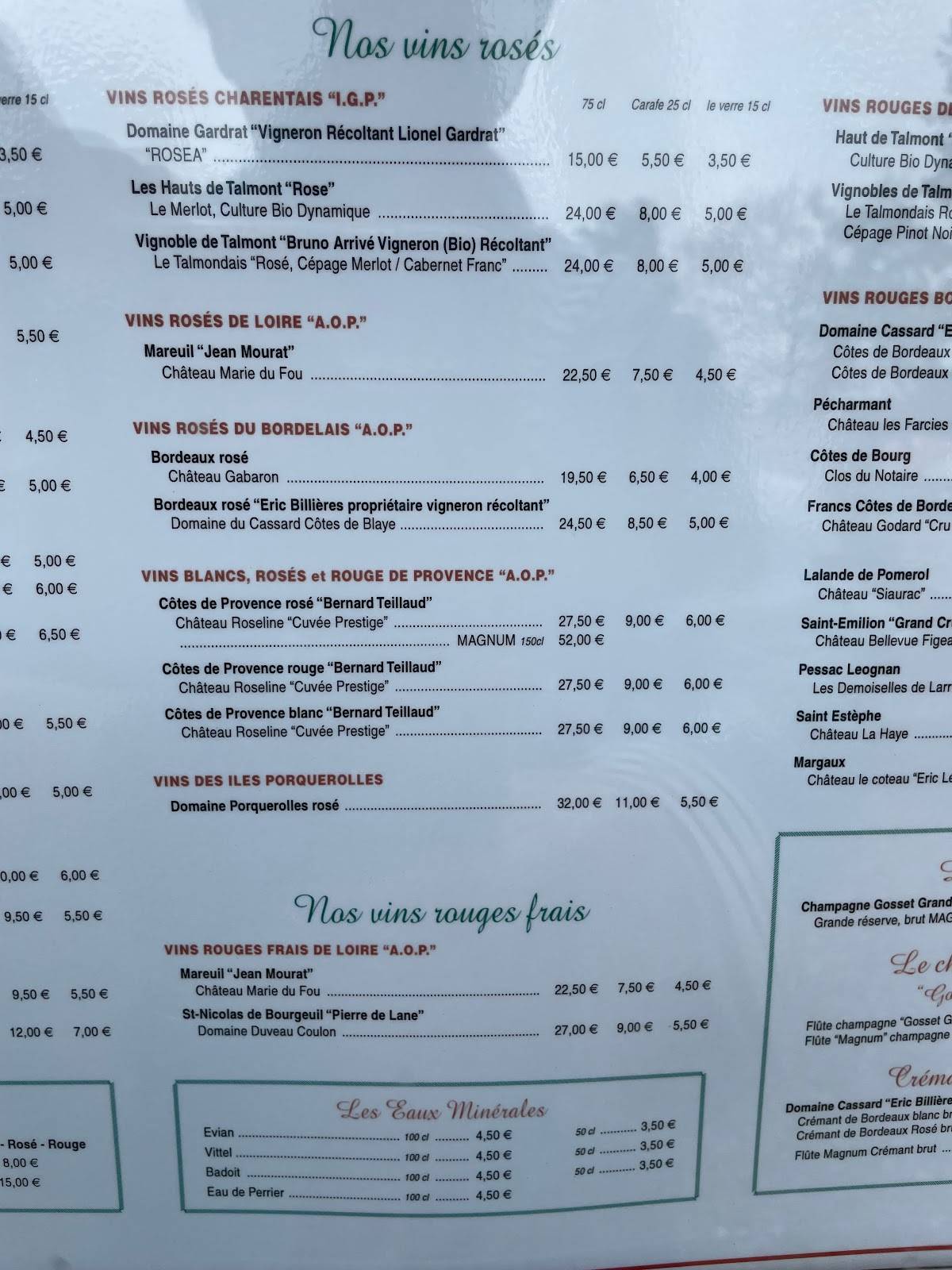 Menu au Restaurant La Forêt, Meschers-sur-Gironde