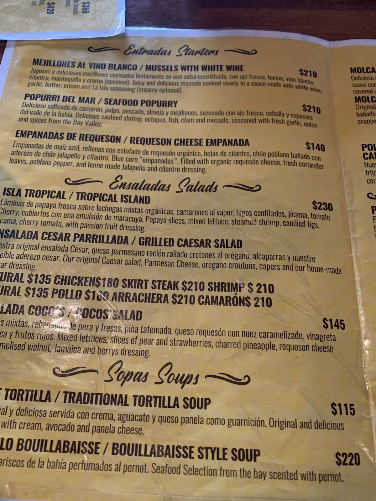 Menu at La Isla Restaurant Bar, Nuevo Vallarta, Paseo de los Cocoteros ...