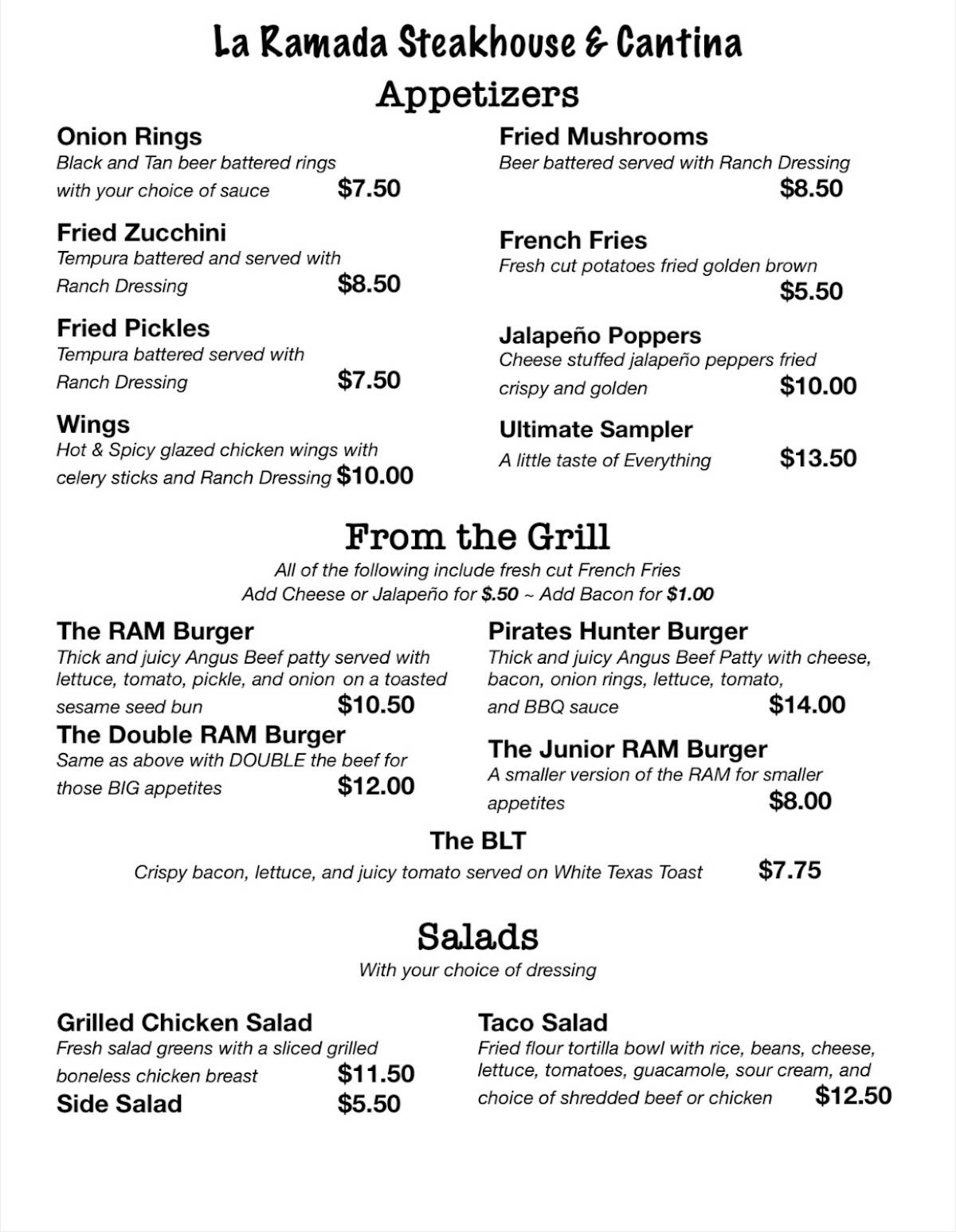 Menu at La Ramada Steakhouse & Cantina, Bisbee, S Naco Hwy