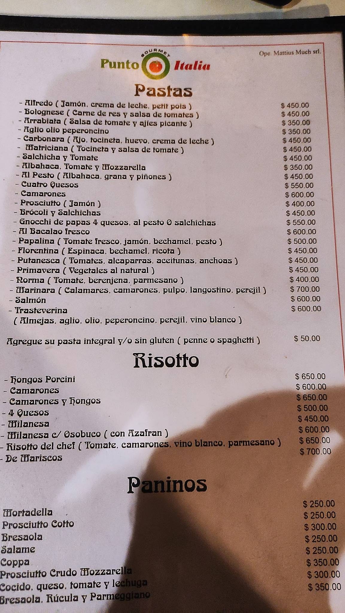 Carta del restaurante Punto Italia, La Romana, Av. Libertad 3