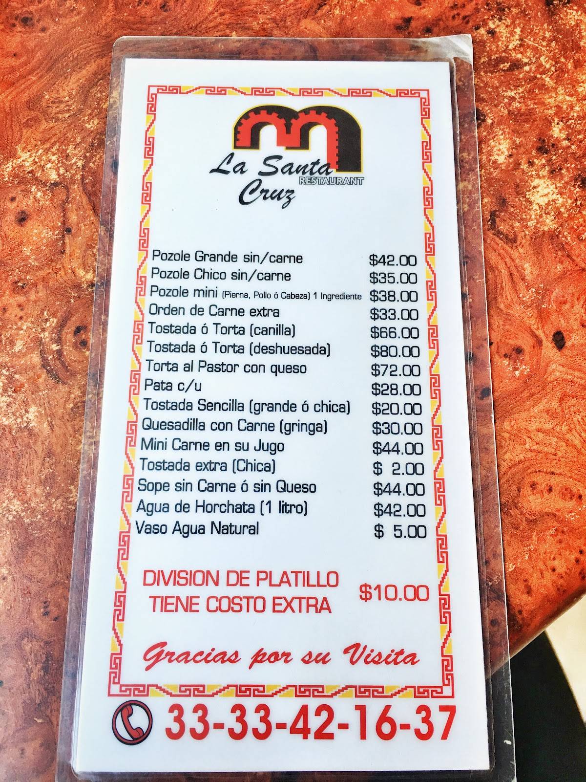Carta del restaurante La Santa Cruz, Guadalajara, Av. Manuel Acuña 2406