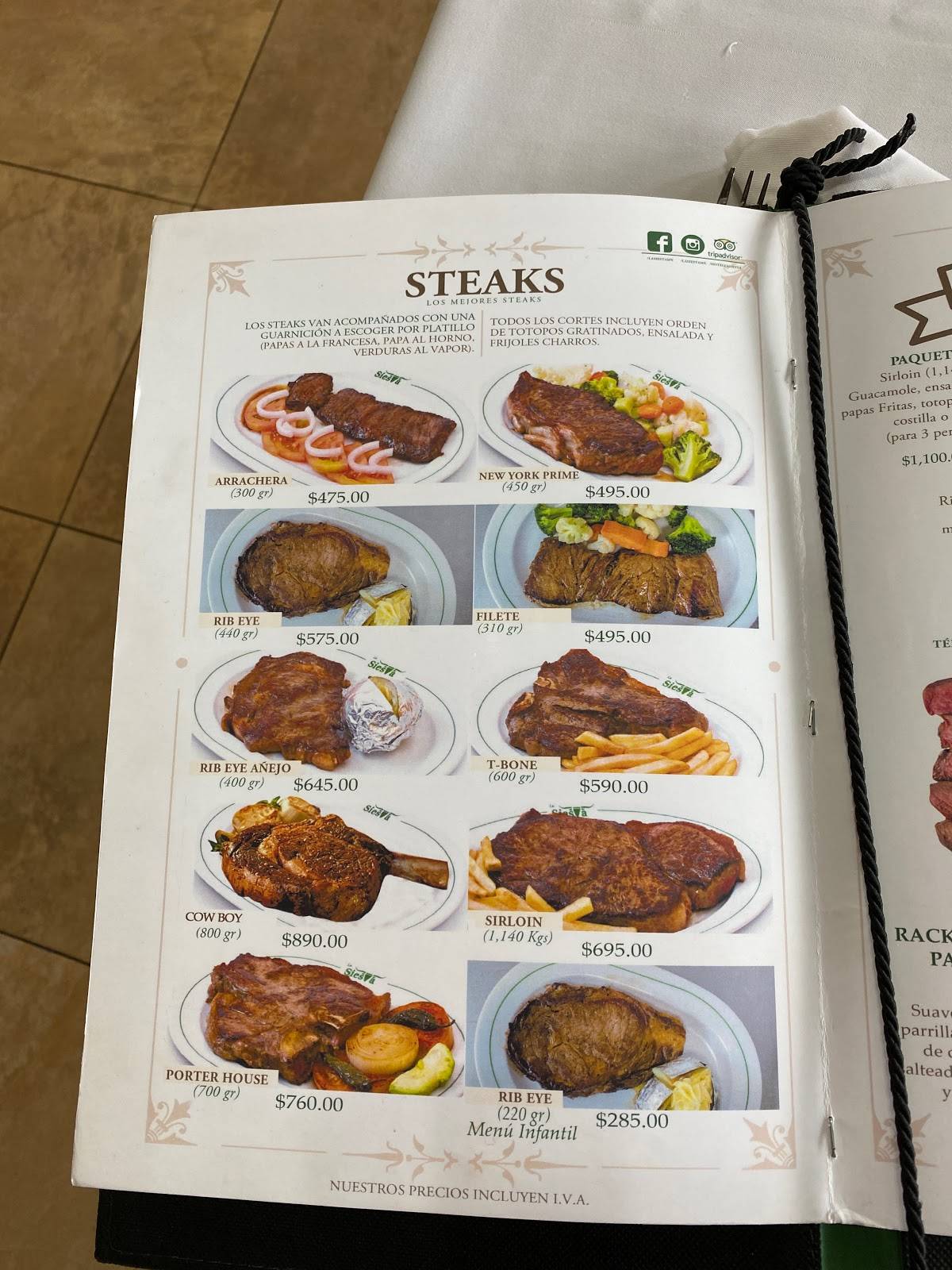 Carta de La Siesta Restaurant Steak, Hermosillo