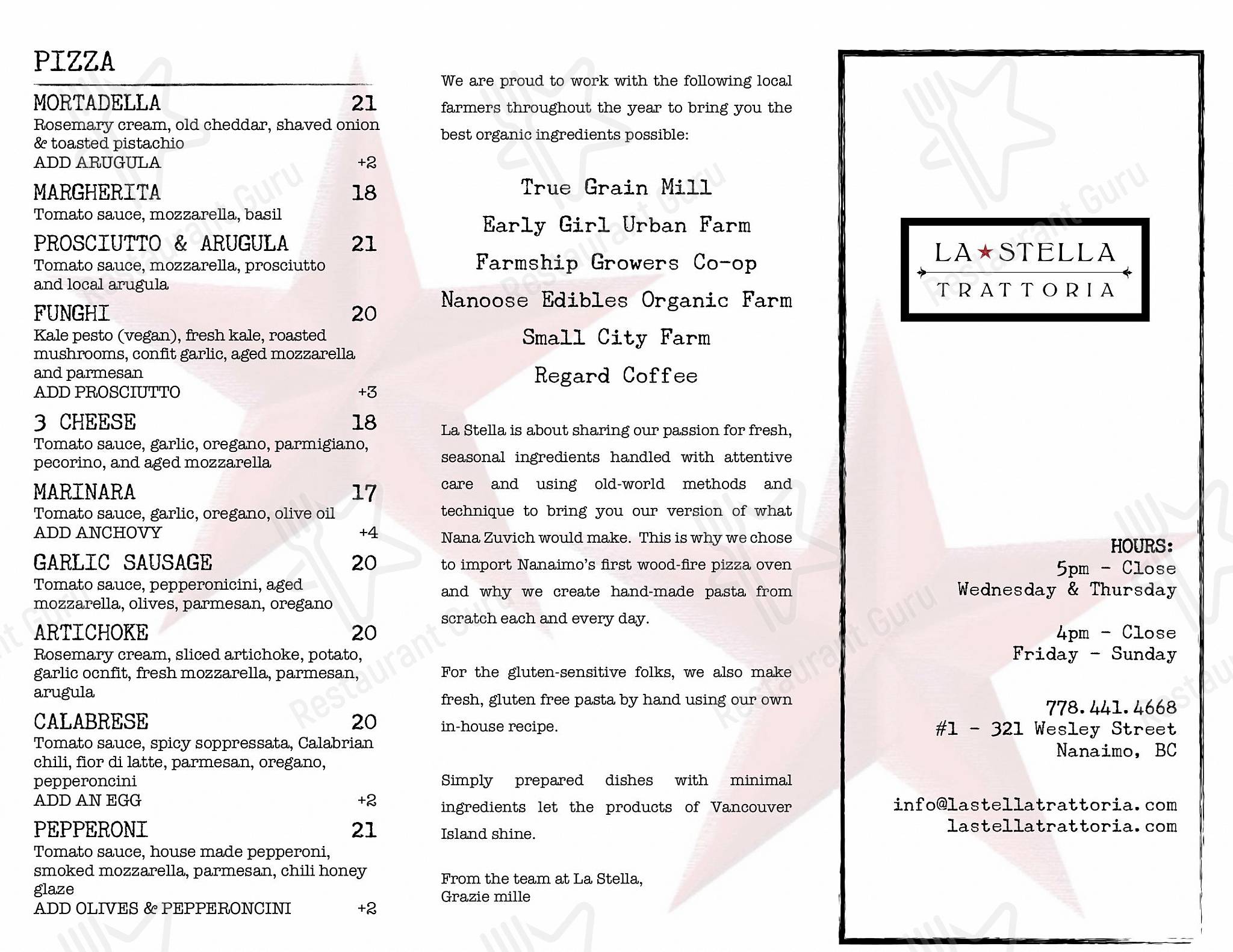Menu at La Stella Trattoria restaurant, Nanaimo