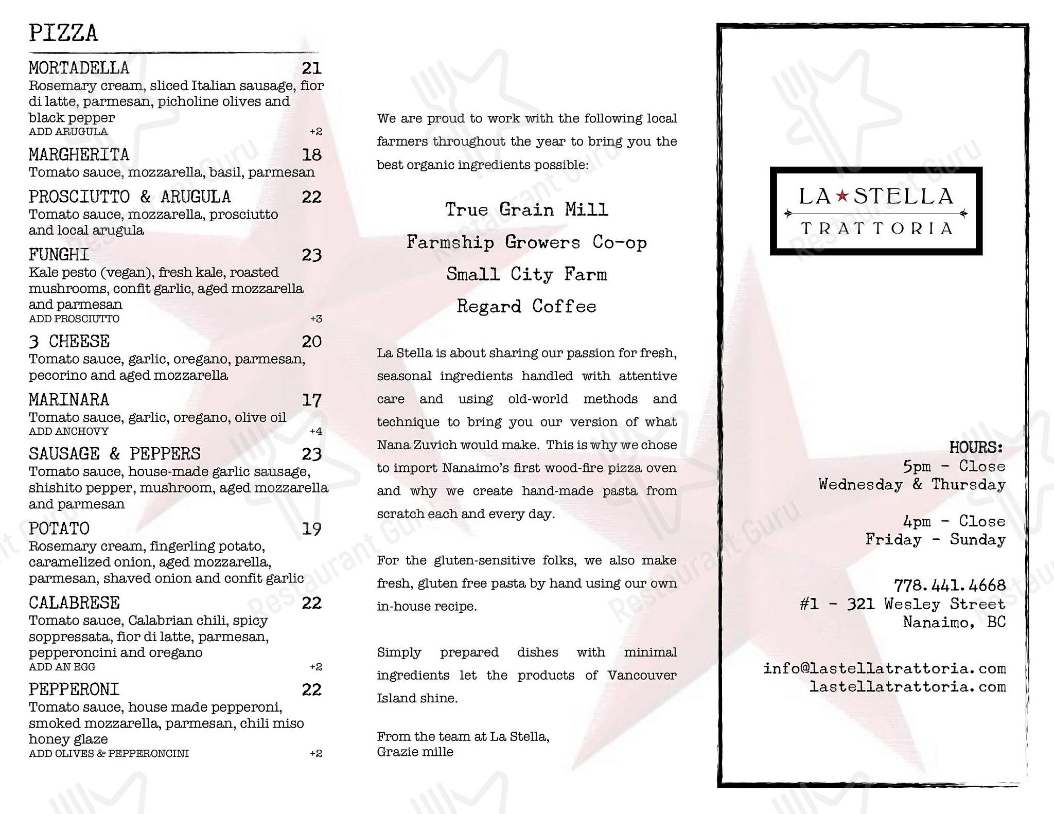 Menu at La Stella Trattoria restaurant, Nanaimo