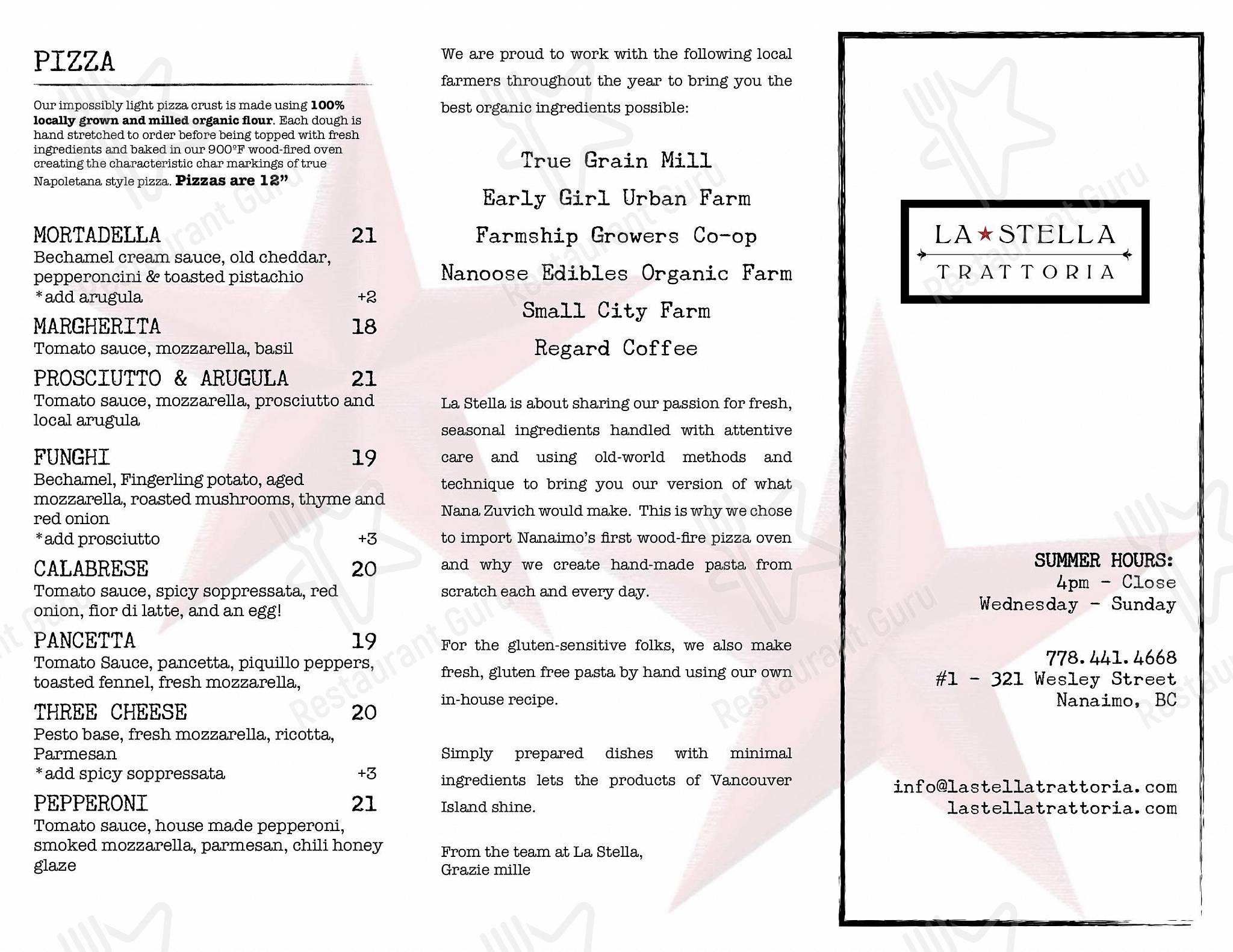 Menu at La Stella Trattoria restaurant, Nanaimo