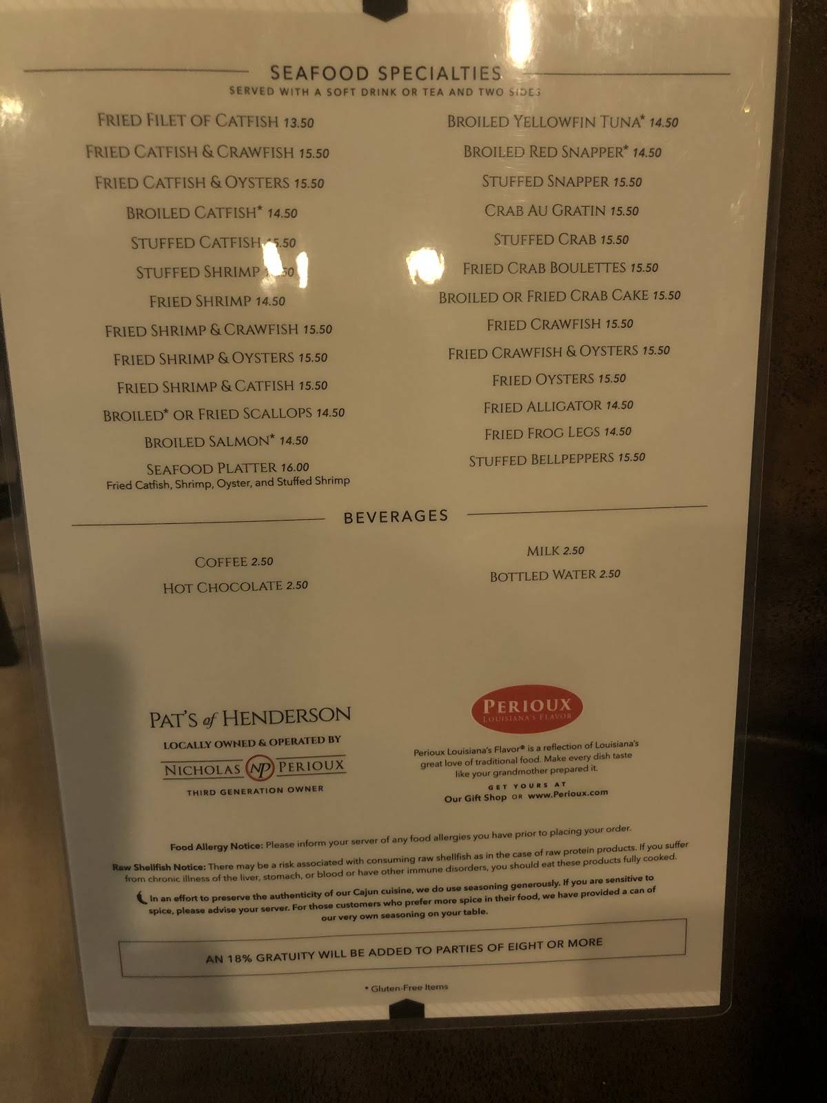 Menu at Pat's of Henderson steakhouse, Lake Charles
